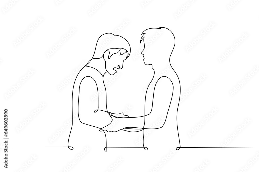 man holding hands of crying man - one line art vector. concept man ...