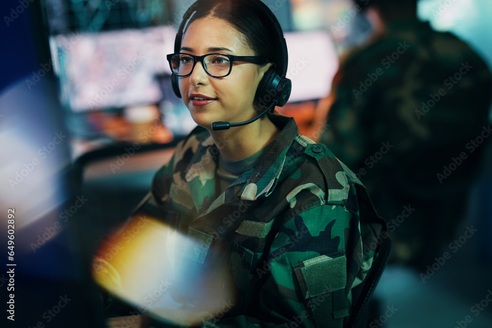 Army command center, computer and woman in headset, global surveillance ...