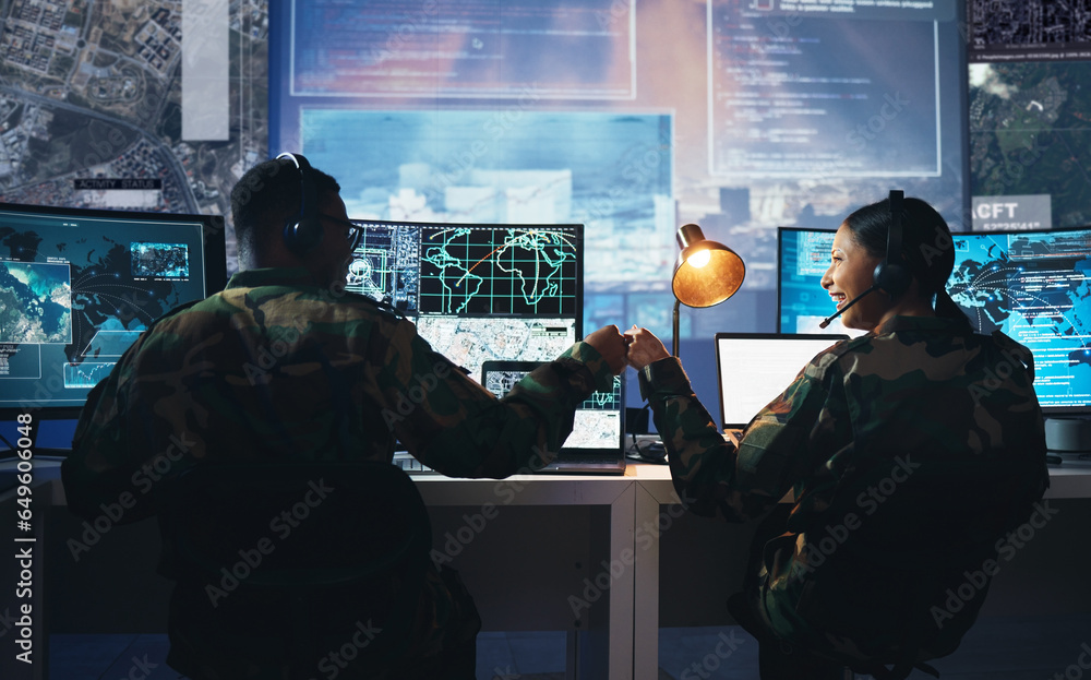Control room, military and fist bump by soldier team on surveillance ...