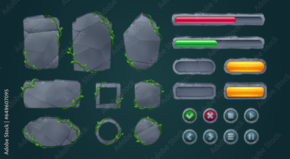 Stone game menu elements - cartoon rock gui boards and buttons with ...