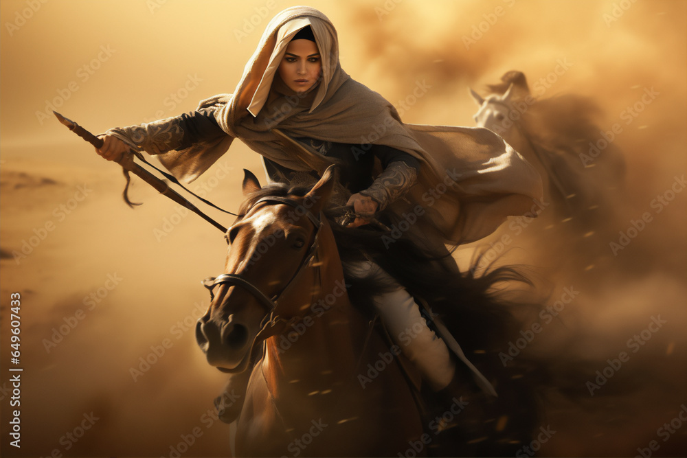 an muslim woman warrior in hijab and veil on horse in the Arabian ...