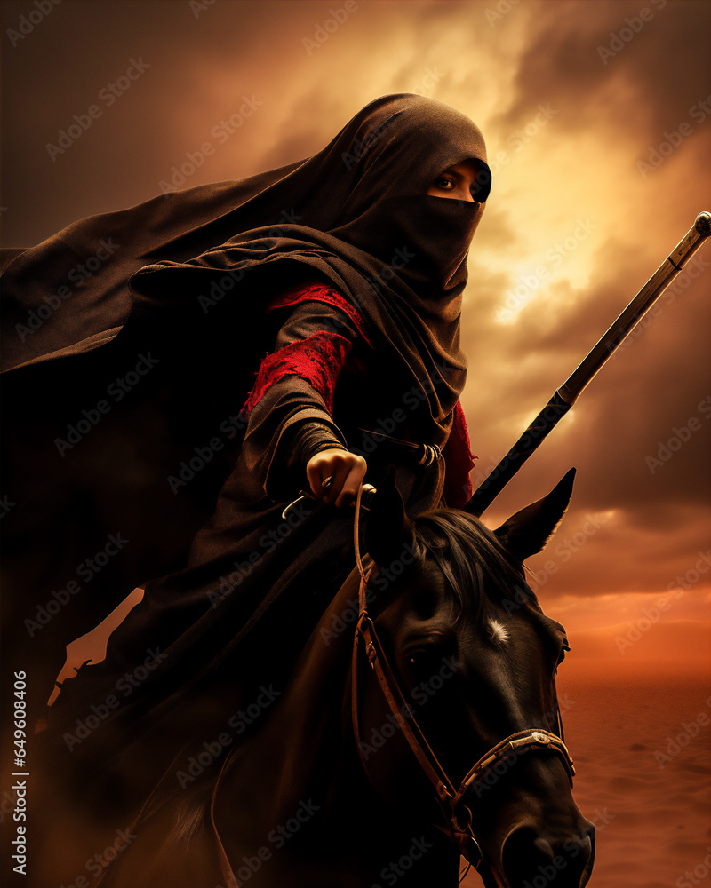 an muslim woman warrior in hijab and veil on horse in the Arabian ...