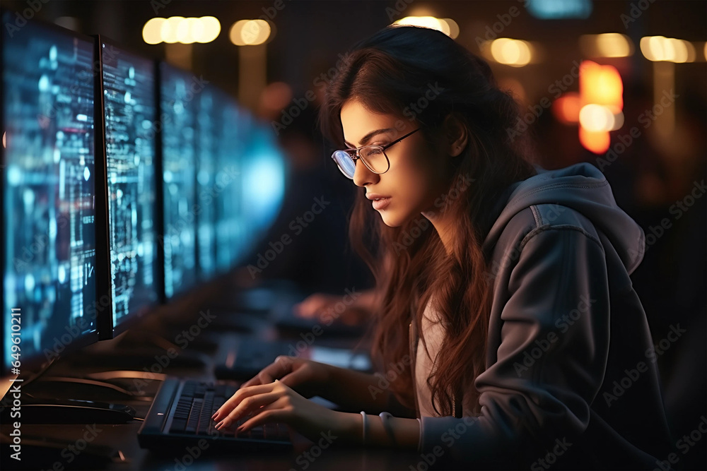 Young Indian girl programmer writing code on the keyboard, in the ...