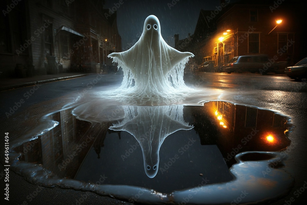 Ghost in a puddle. A ghost walks through the city at night. A white big ...