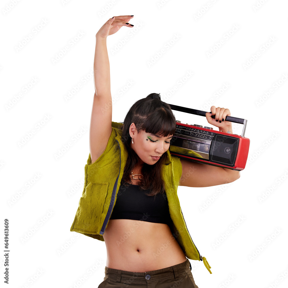 Woman, fashion and retro radio with dancing to music and gen z isolated ...