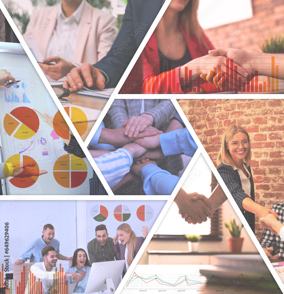 Partner, collaboration. Collage with photos of businesspeople and ...
