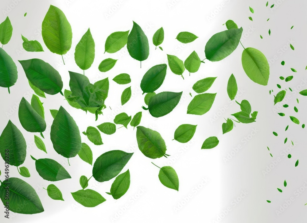 Flying realistic green leaves flowting isolate on white background ...