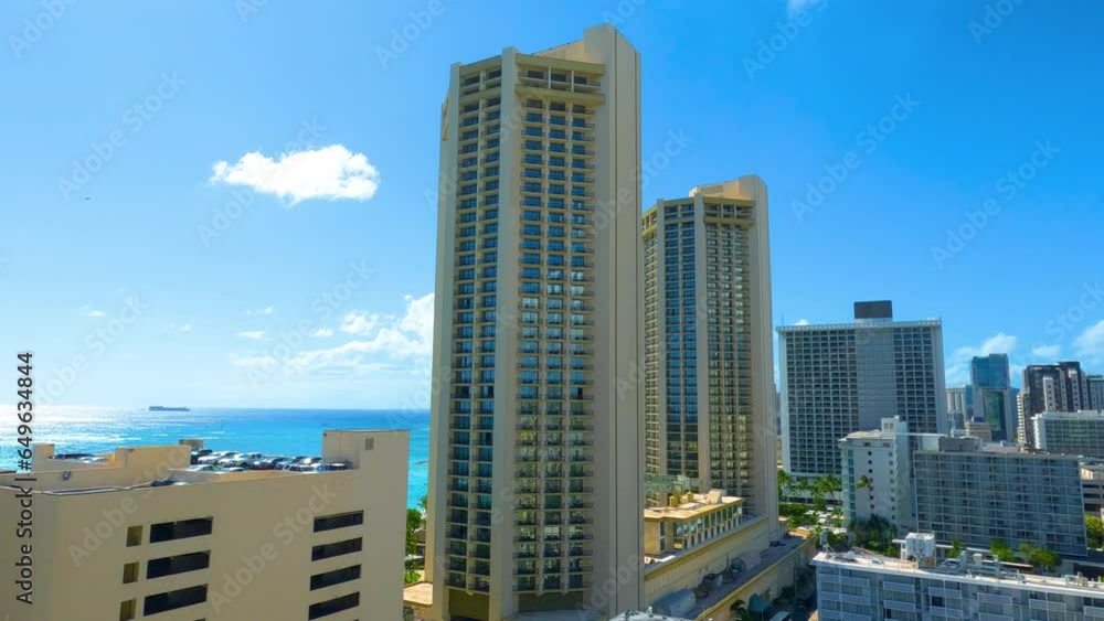 Сity of Honolulu with an ocean view. Waikiki Beach architecture during ...