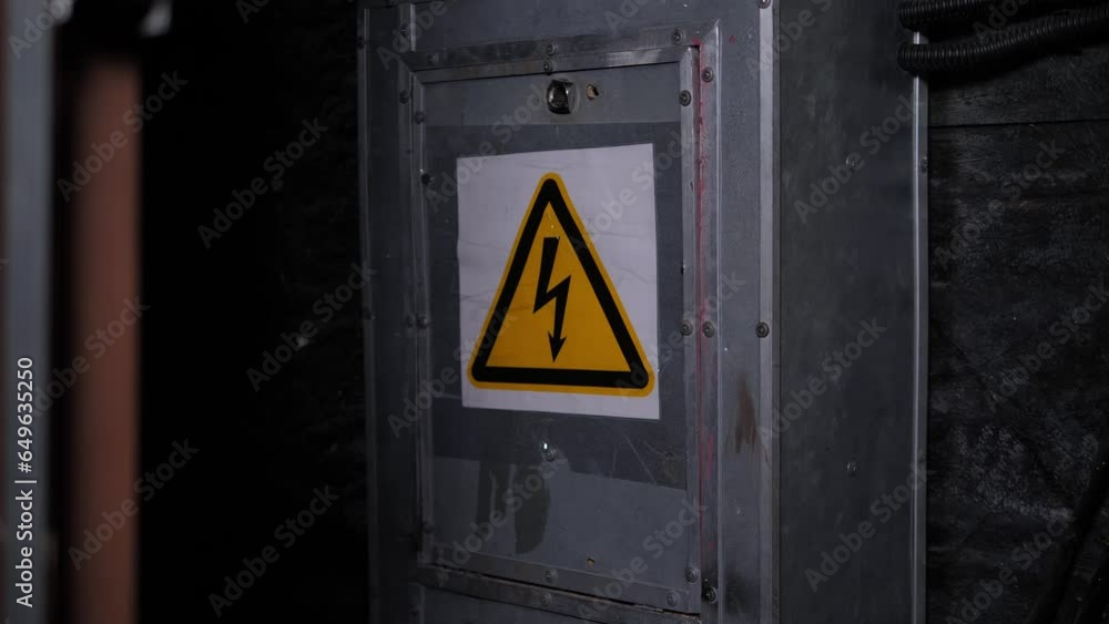 Attention, high voltage warning sign on the switchboard. A triangular ...