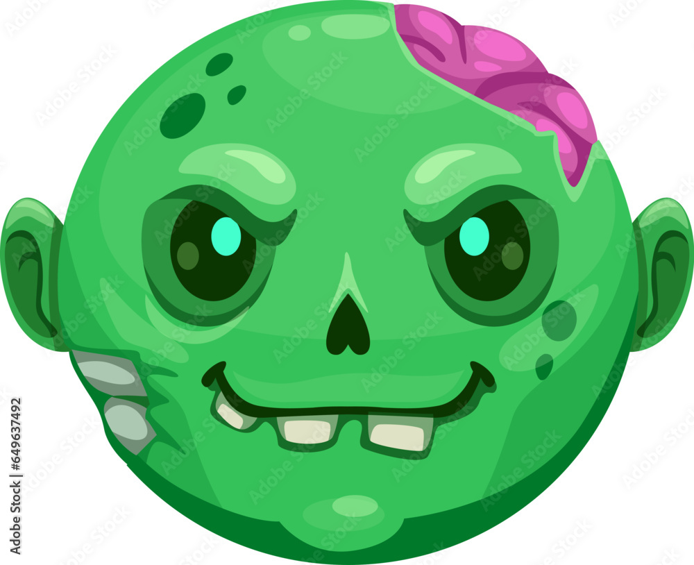 Cartoon Halloween zombie emoji depicts vector greenish, decaying face ...