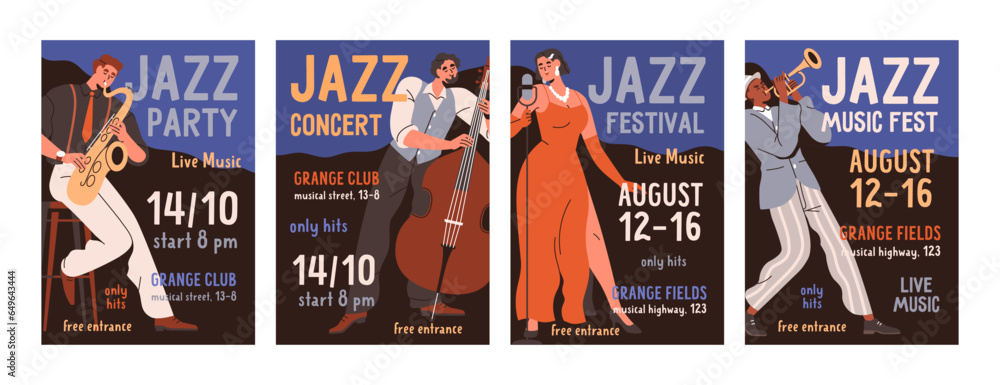 Jazz music concert, festival, party, posters designs set. Musicians and ...