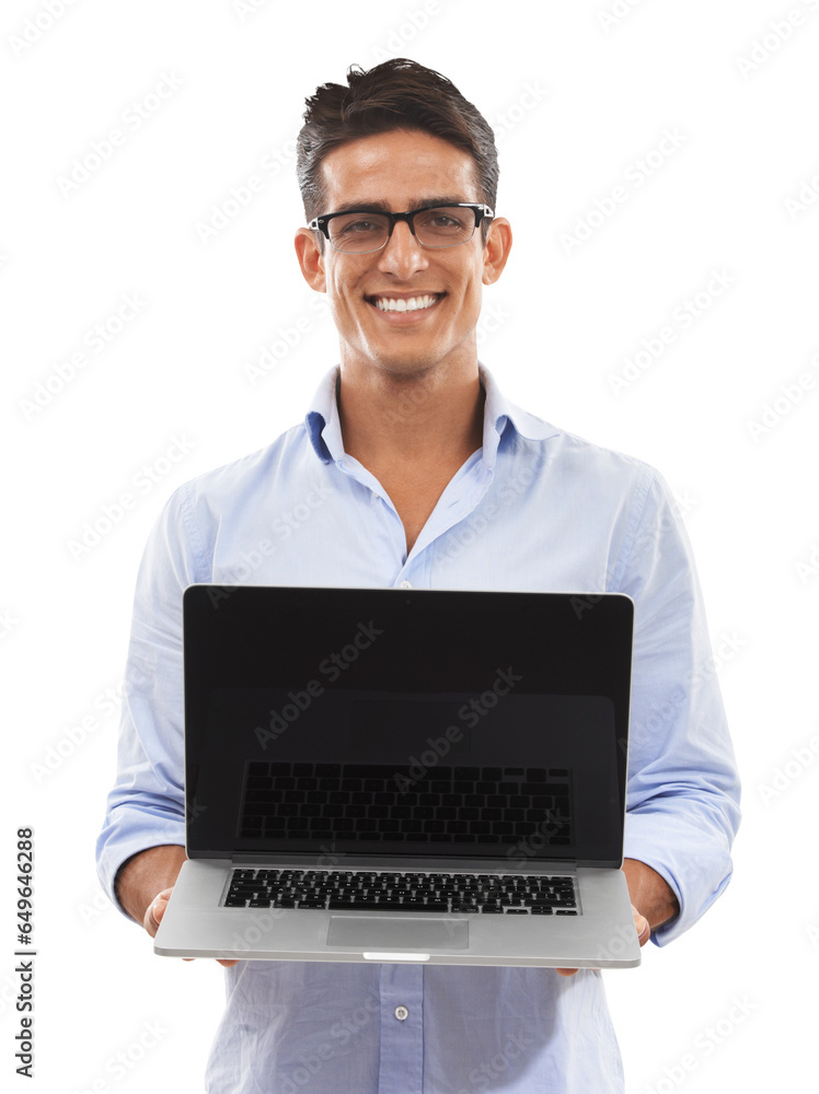 Portrait, laptop and display with an IT support man isolated on ...