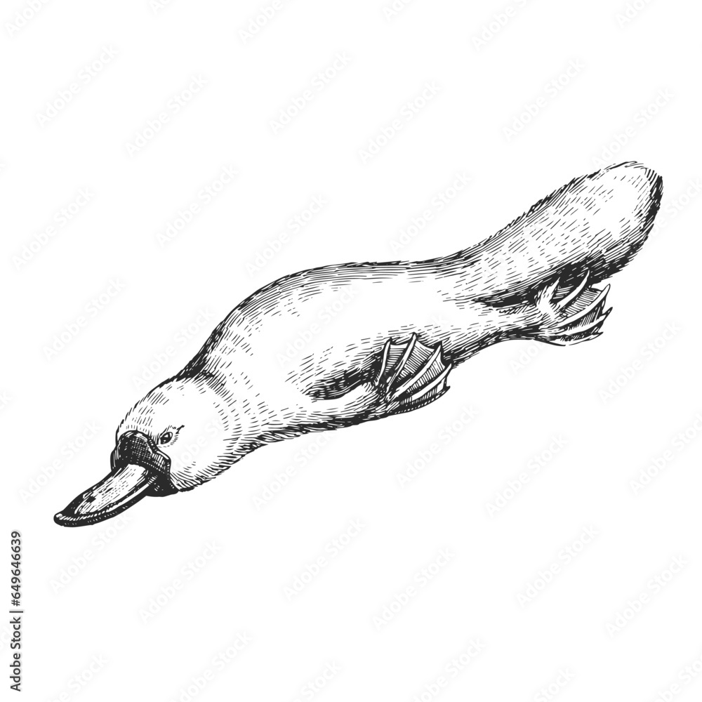 Vector hand-drawn illustration of platypus isolated on white. A black ...