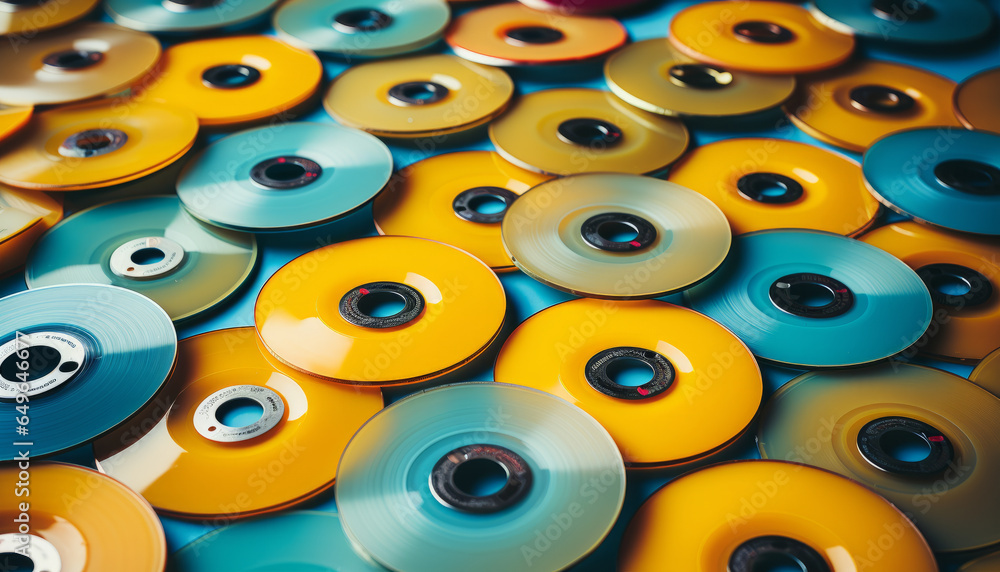 old school cd's in retro bright pastel colors yellow and blue ...