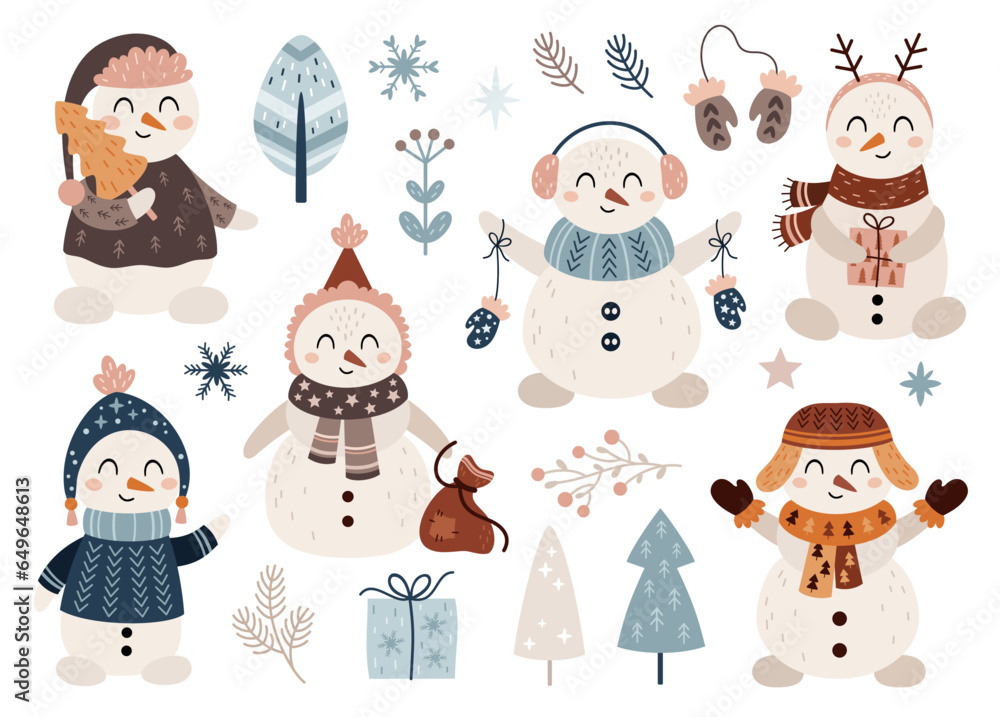 Christmas snowman clipart in flat style. Winter clipart. Vector ...