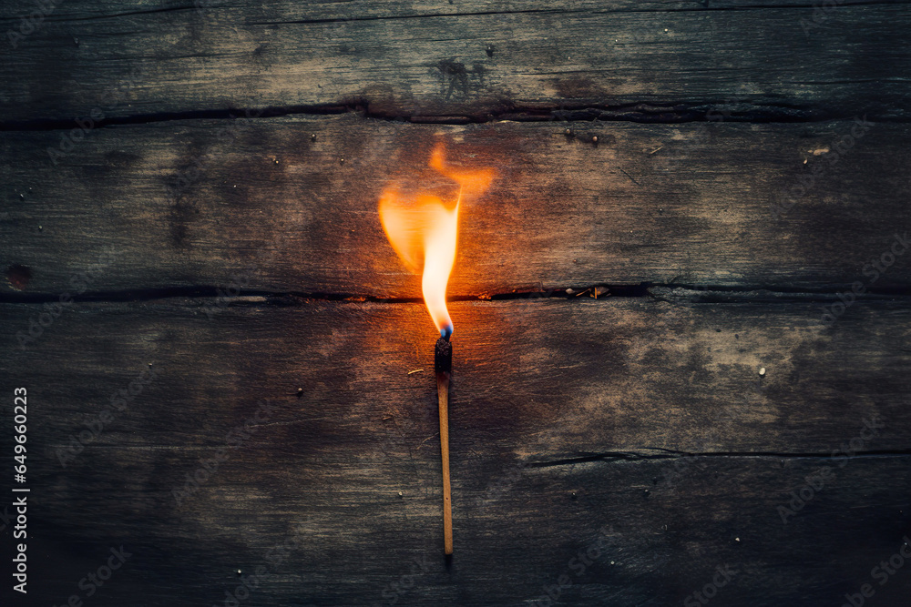 A close-up of a burning matchstick with fiery flames, representing ...