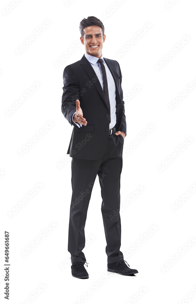 Portrait, welcome and business man with handshake offer on isolated ...