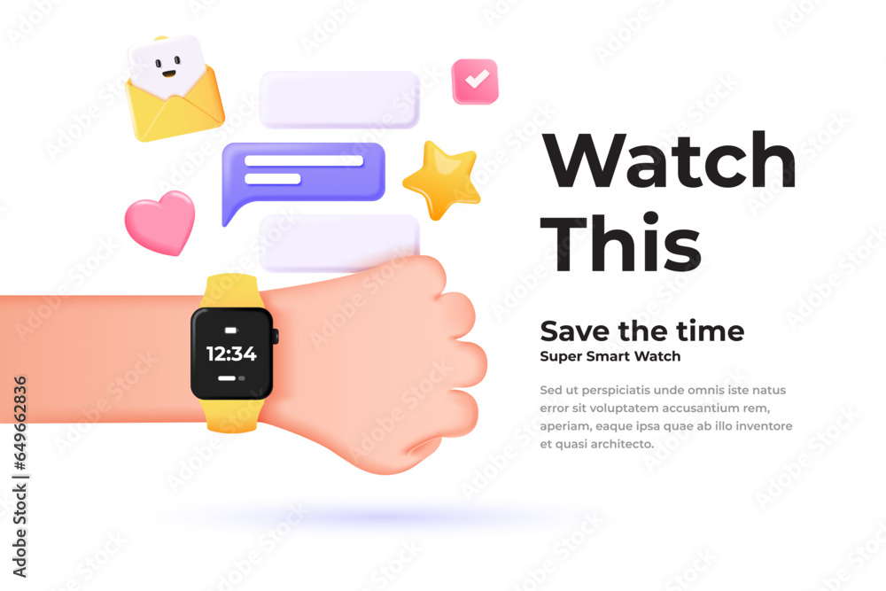 3d illustration. Cartoon hand with smart watch on white background ...