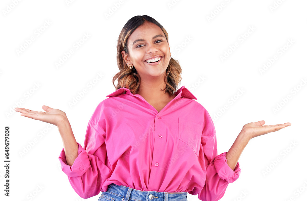 Decision, choice and portrait of woman with why hands happy on isolated ...