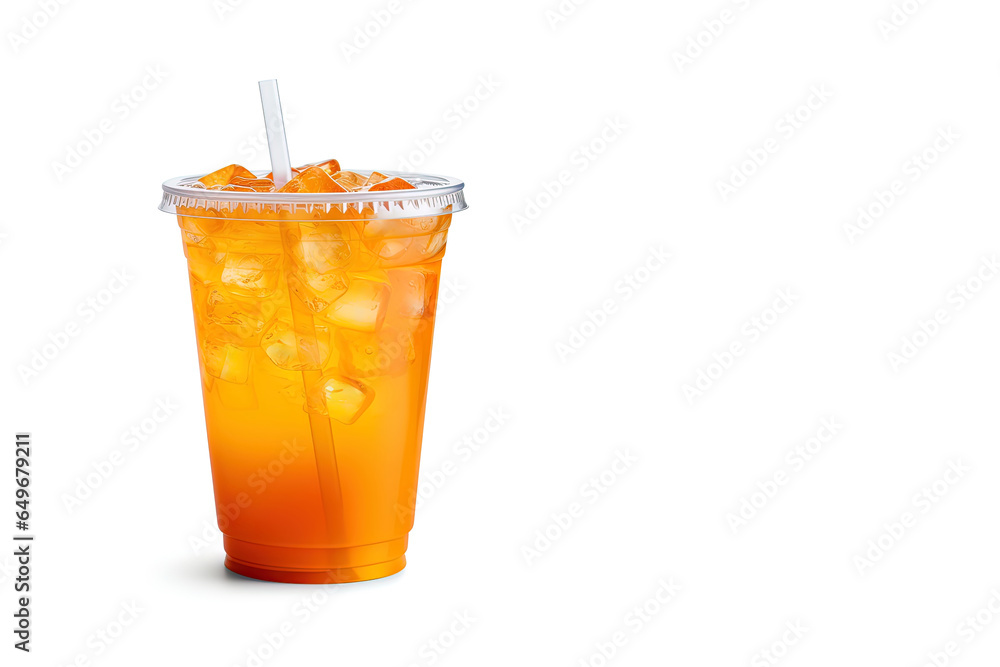 Orange color drink in a plastic cup isolated on a white background ...