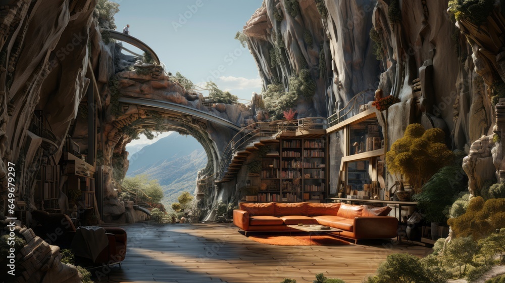 surreal open mansion built high up in the mountains with a wooden ...