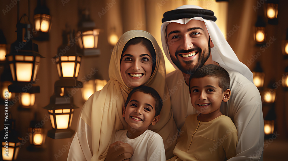 A Happy Islamic Family Parents and kids - A Smiling Muslim Family With ...