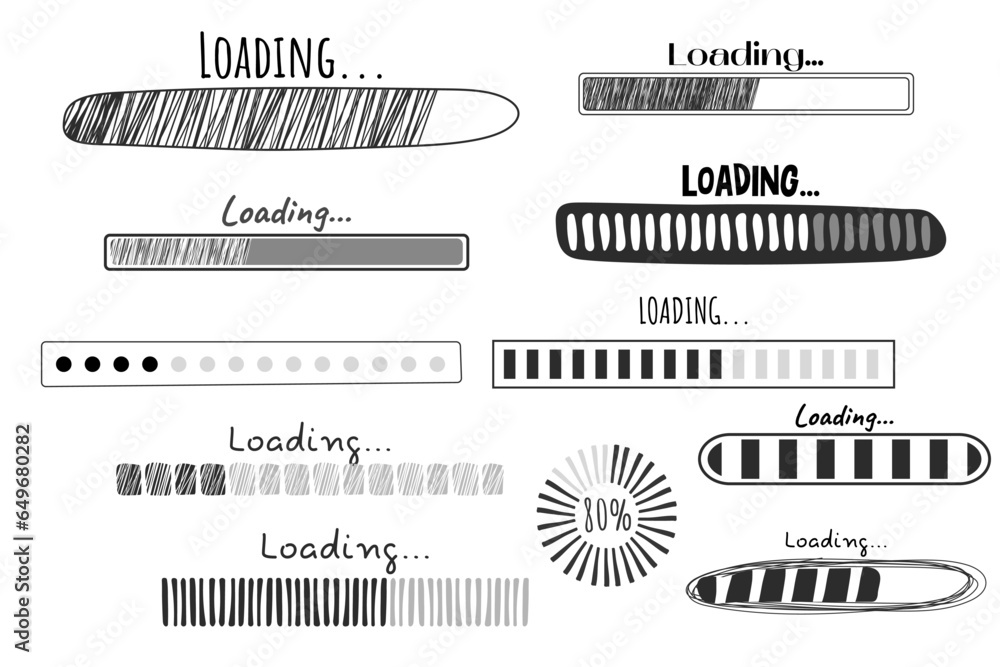Set Loading bar, progress in doodle style isolated on white background ...