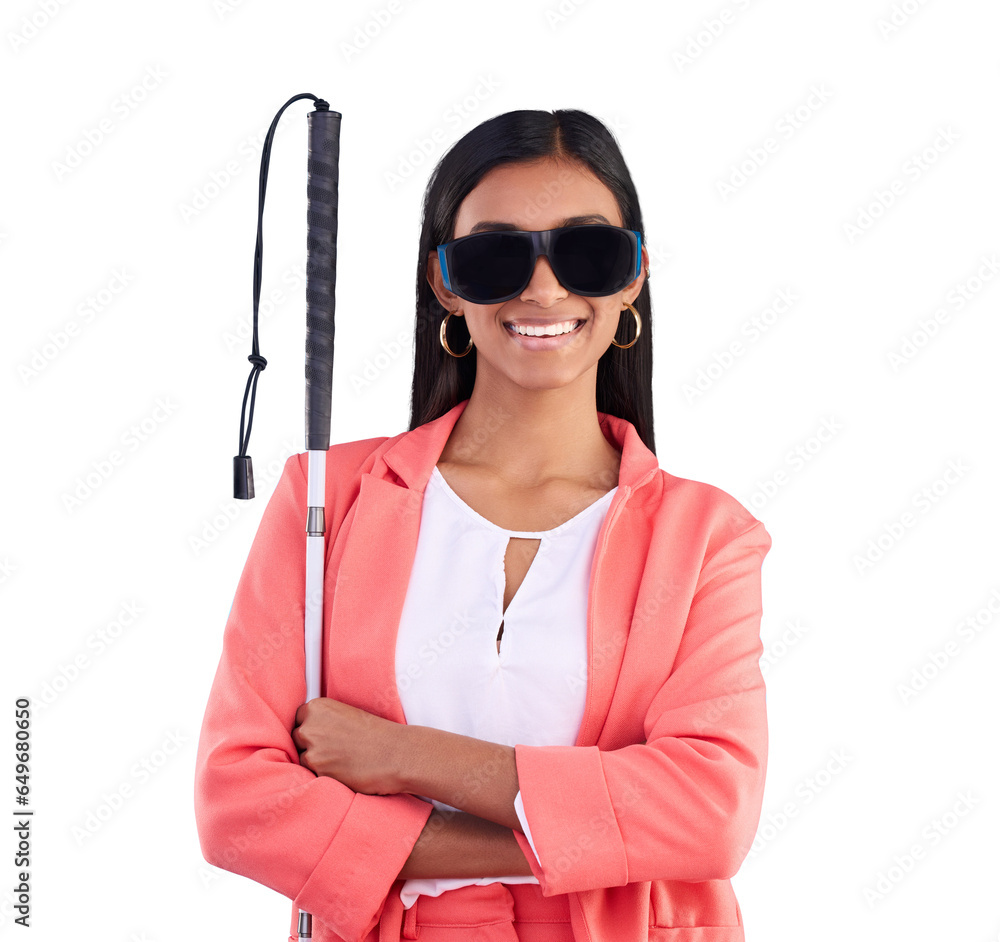 Blind, disability and sunglasses with a woman, arms crossed and smile ...