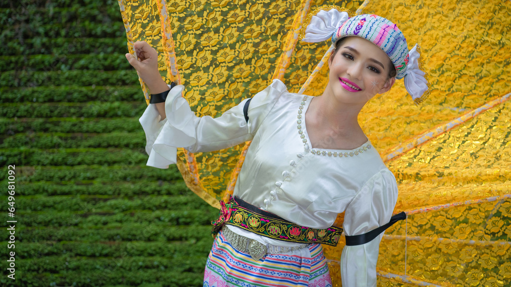 Beautiful girl the Burmese Art dancing performs imitating bird wings ...