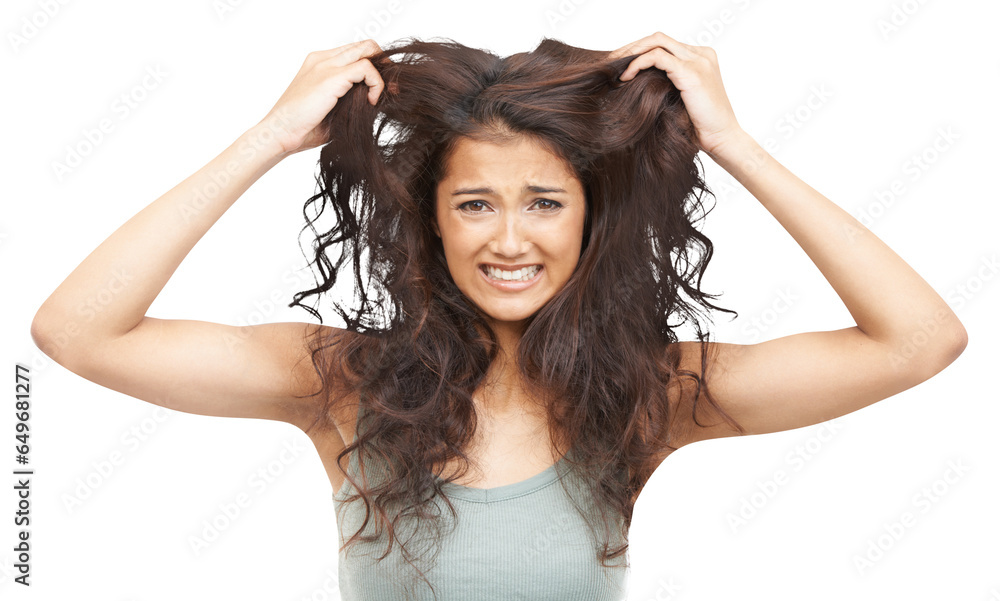 Hair care, crazy and portrait of young woman with frizzy, ugly and ...