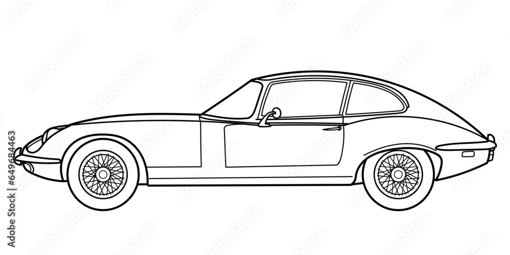 Classic retro coupe car of 50s, 60s. Side view. Outline doodle vector ...