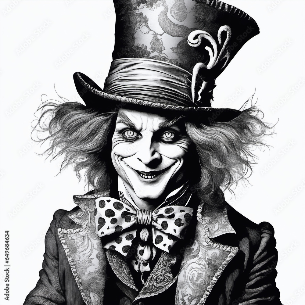 Intricate Mad Hatter line art – Ideal for Wonderland-themed designs ...