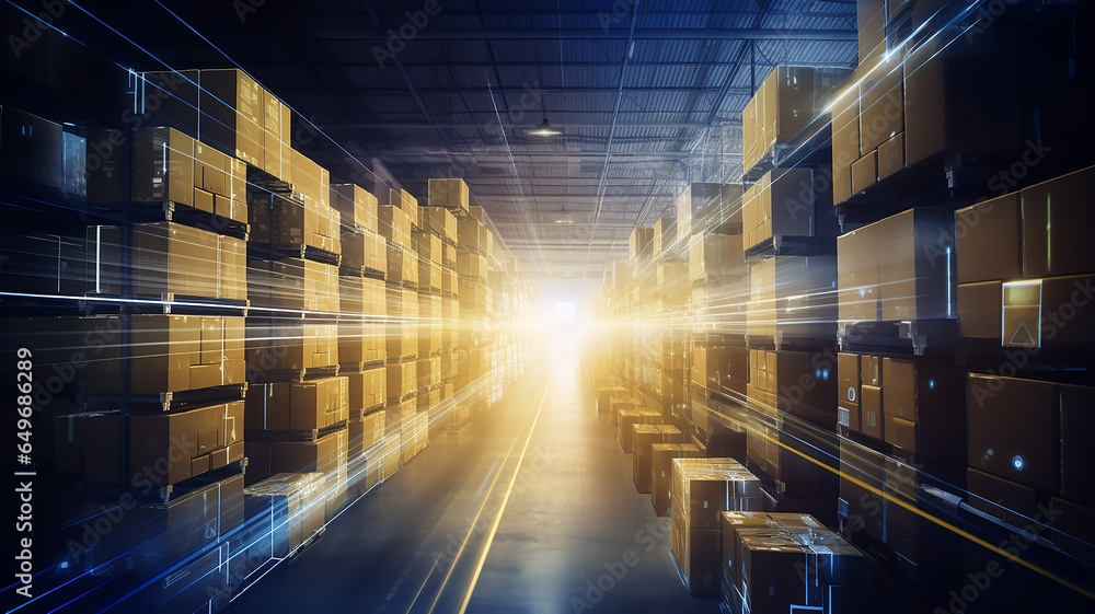 warehouse technology of the future, warehouse program, neon background ...