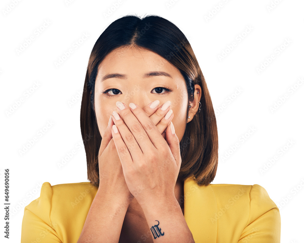 Shock, hands cover mouth and woman in portrait with surprise reaction ...