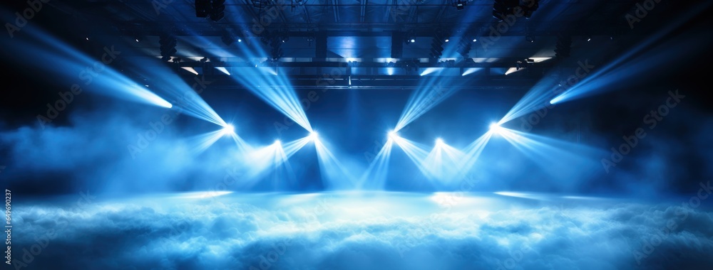 Illuminated stage with stage lights and smoke. Blue vector spotlight ...