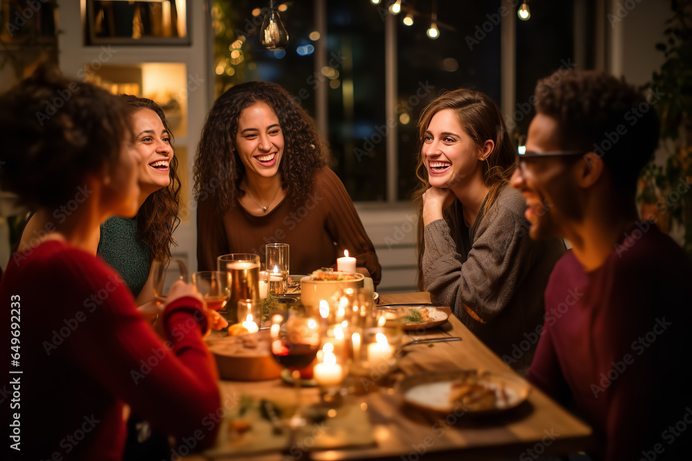 A diverse group of friends gather around a table for a Friendsgiving ...