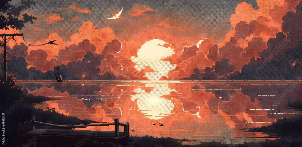 A pixel art illustration of a sunset at thee sea with orange sky and ...