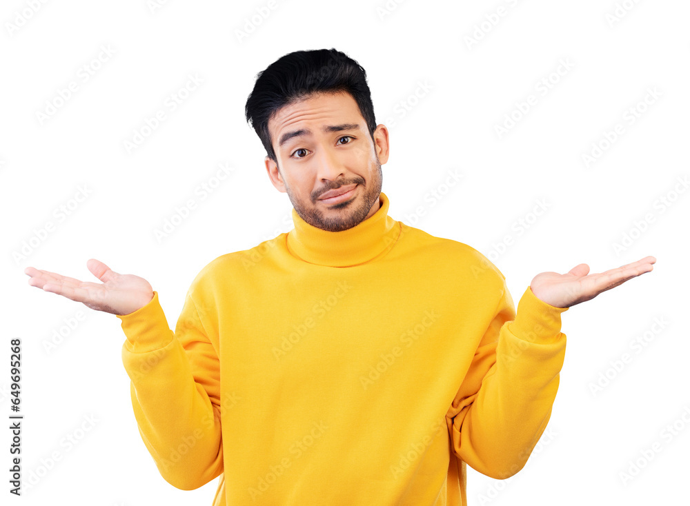 Confused, decision and portrait of Asian man with hands for option ...