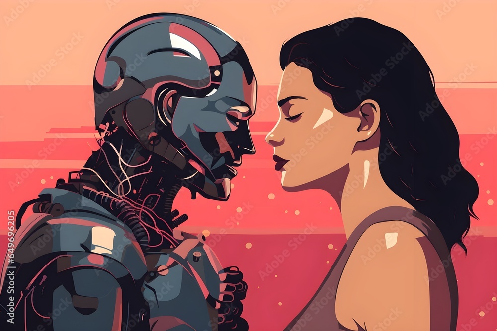 A human woman in love kissing a humanoid robot. Emotions and feelings ...