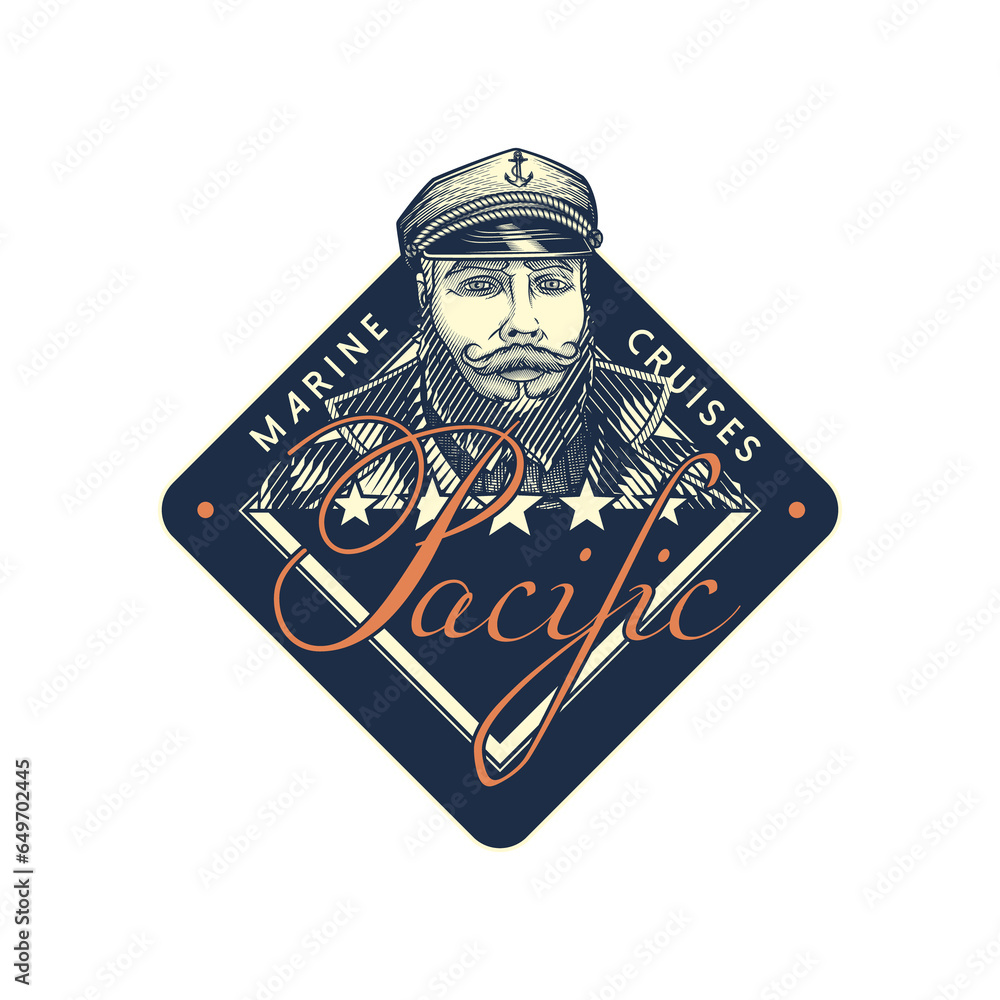 "Pacific". Sailor portrait logo. Vector illustration in engraving ...