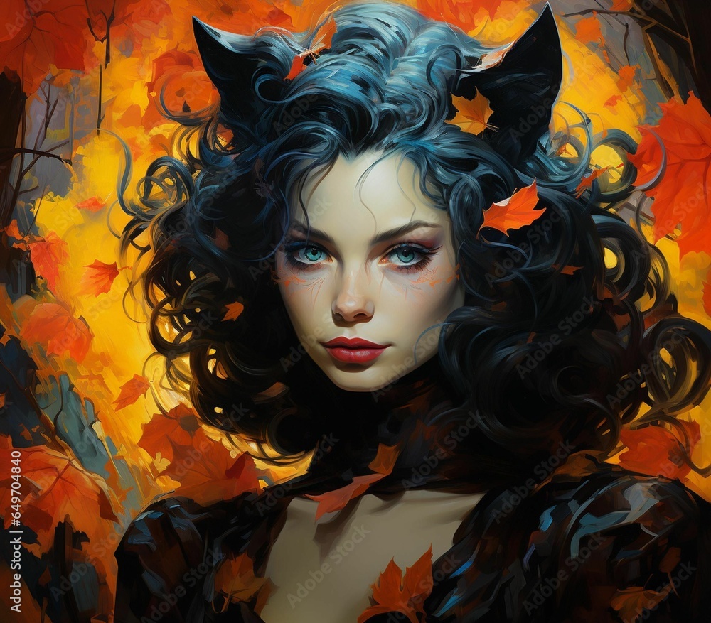 AI generated illustration of a portrait of a witch with a black cat ...