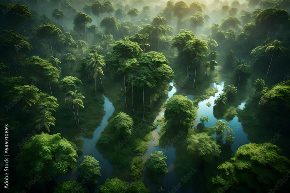 Generate a 3D-rendered image of an ancient temple hidden within the ...