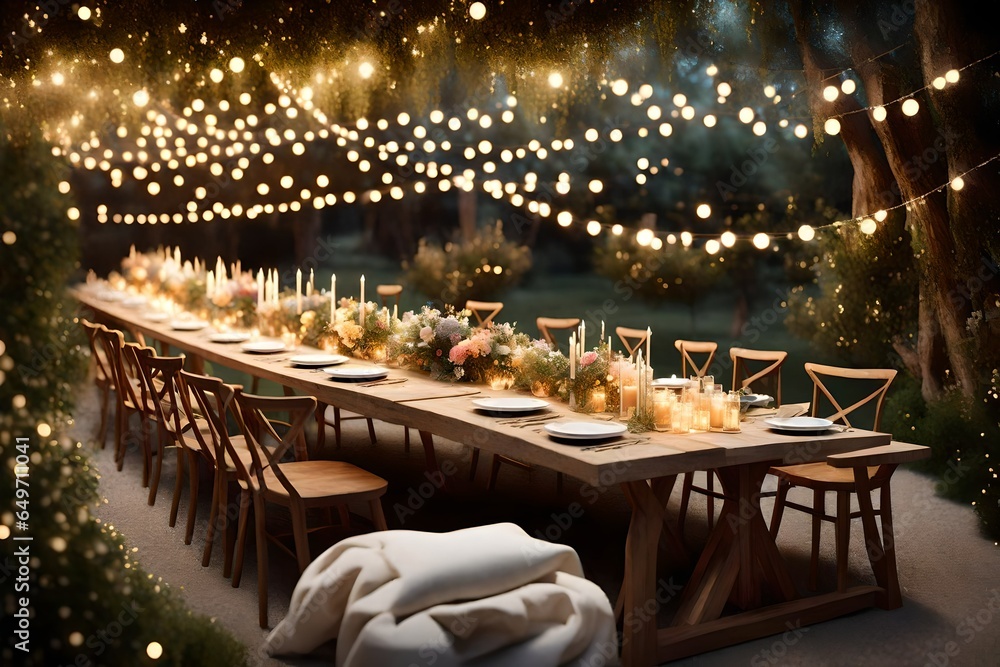 Design a 3D-rendered scene of a gender-neutral garden party in a ...