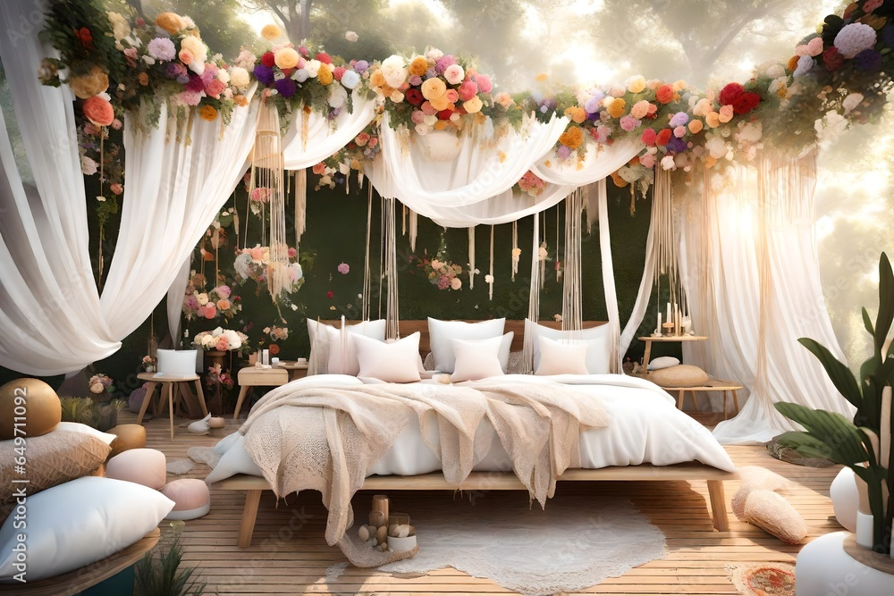 Design a 3D-rendered scene of a gender-neutral garden party in a ...