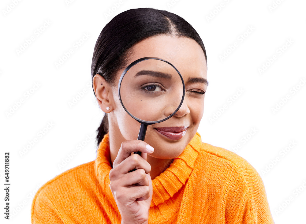 Woman eye, magnifying glass and portrait and search and closeup for ...