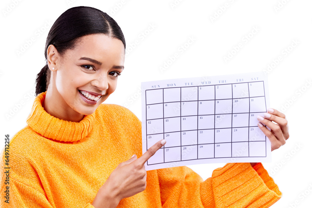 Portrait, smile and a woman pointing to a calendar date isolated on a ...