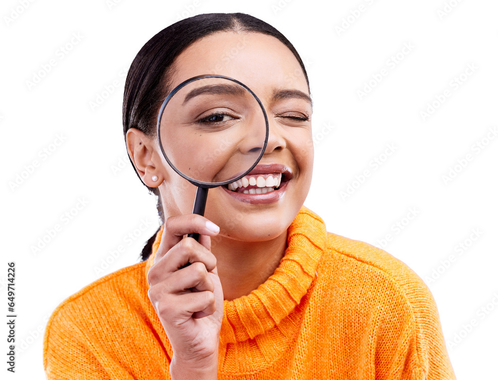 Woman eye, magnifying glass and happy portrait and search and closeup ...
