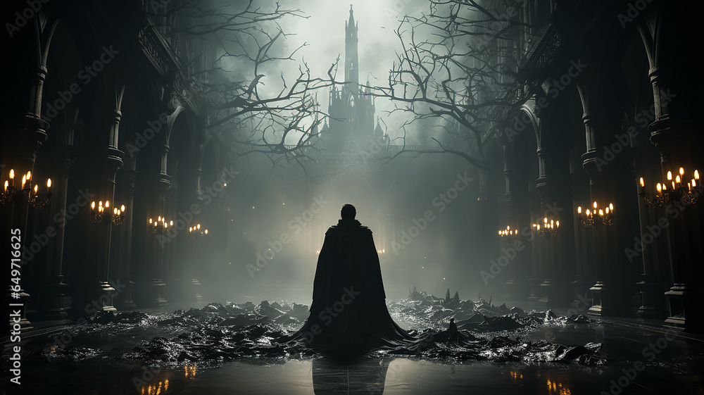 Dark person view from the back in the throne room horror, lord of evil ...