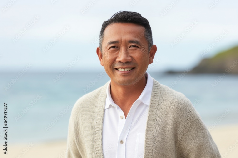 portrait of a confident Filipino man in his 50s wearing a chic cardigan ...