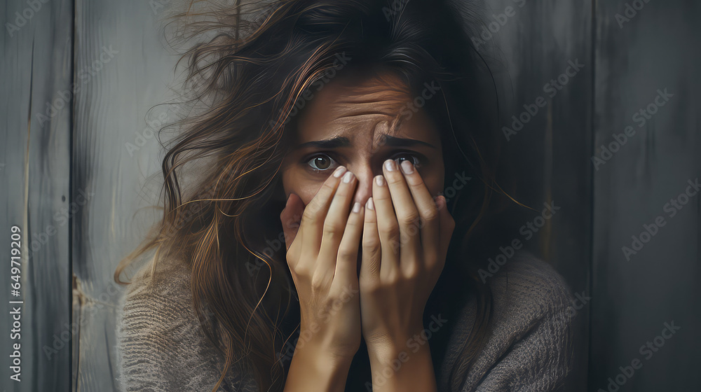 Frightened woman hides her face with her hands and cries, portrait ...